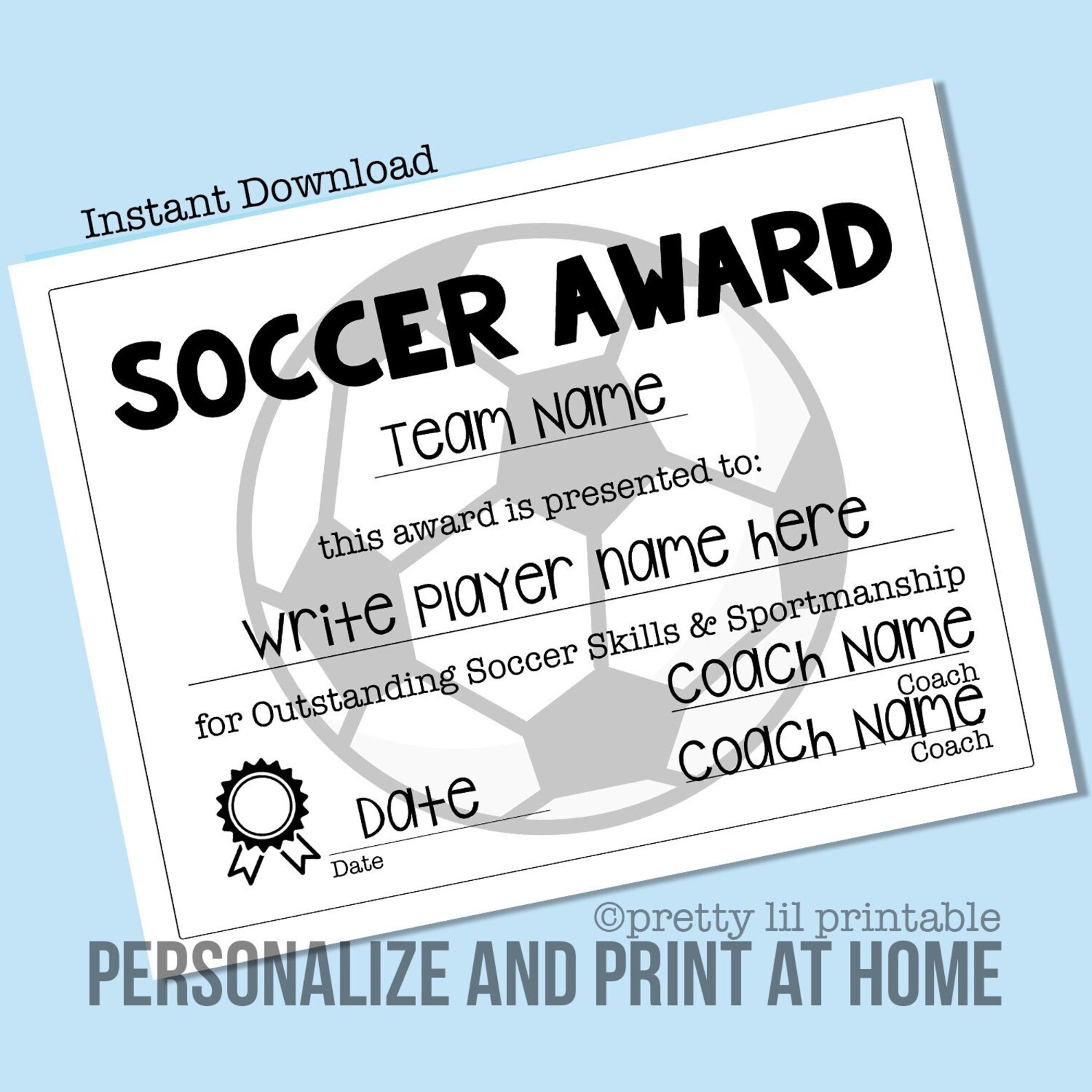 Soccer Award, Certificate, Print at Home, Printable, Write in Info - Etsy