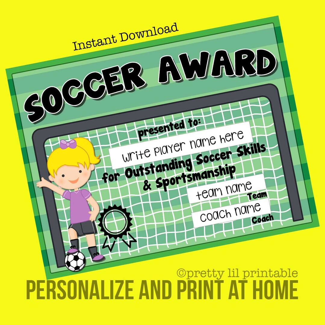 Soccer Award, Certificate, Print at Home, Printable, Girls Team - Etsy