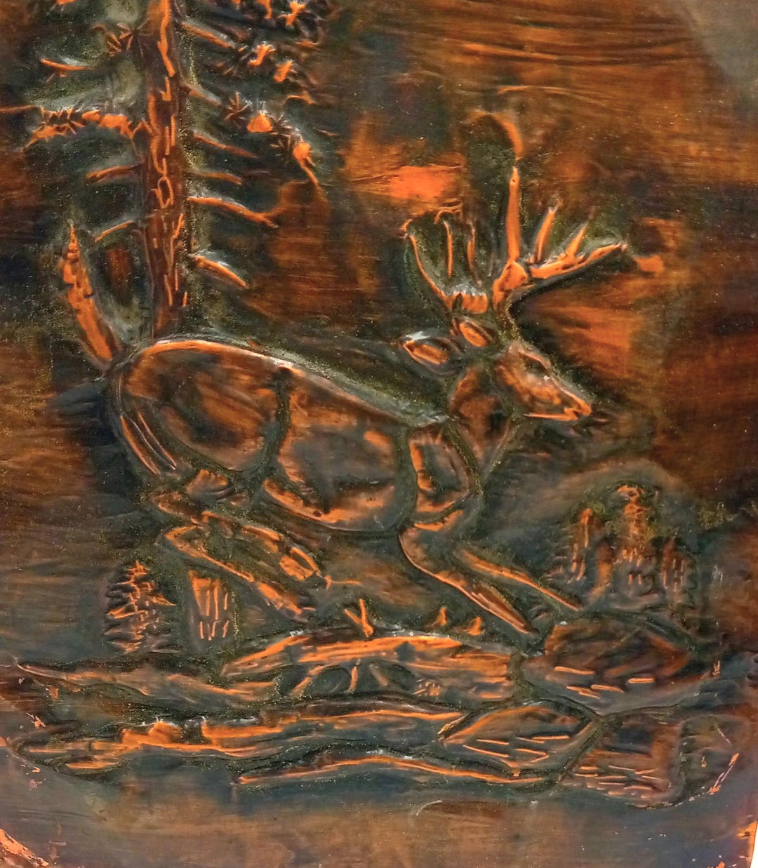 Vintage Embossed Copper Wall Art Deer Nature Scene. Hammered Copper 10 ...