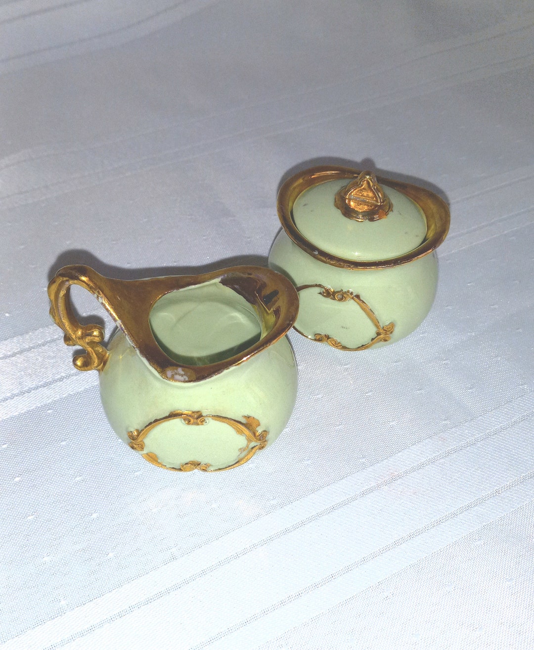 Vintage Hand Painted Gold Encrusted Petite Creamer and Sugar Bowl W ...