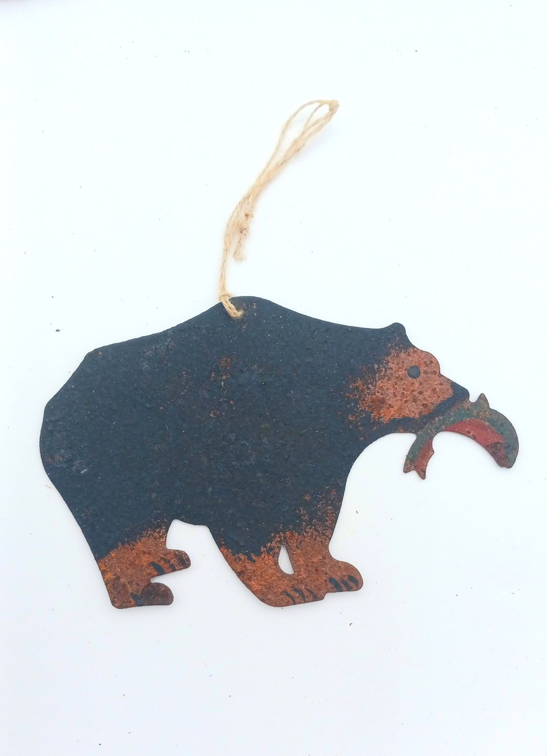 Metal Bear With Fish Black and Rust Ornament - Etsy