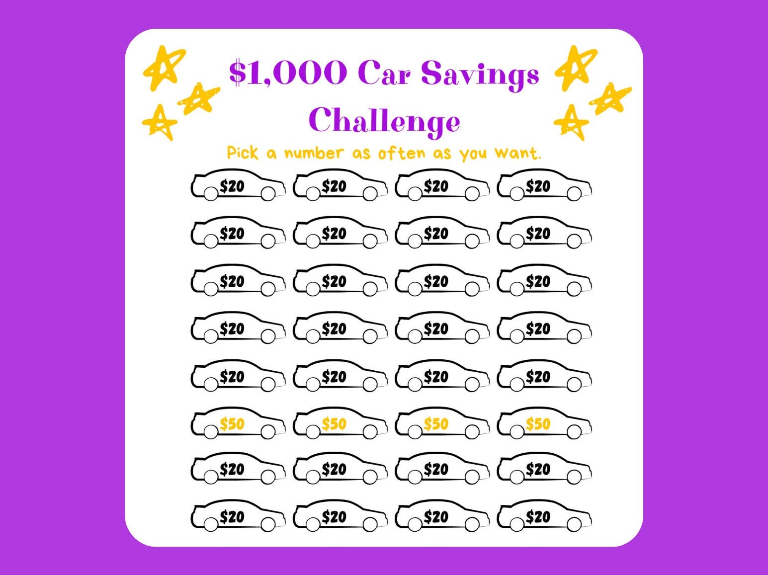 1000 Dollar Car Savings Challenge - Etsy