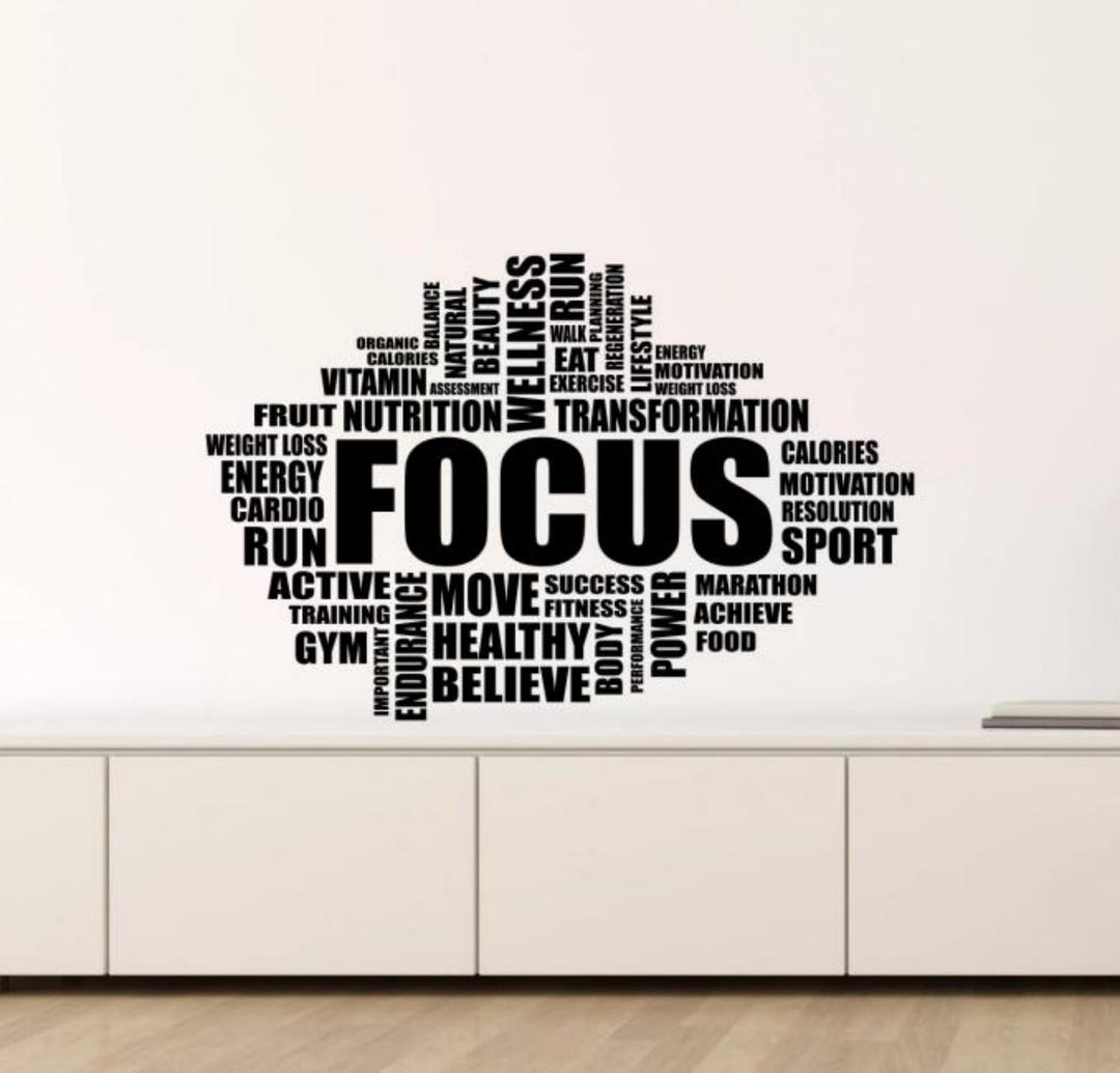 Focus Gym Wall Decal Vinyl Sticker Gym Word Cloud Wall Art Fitness ...