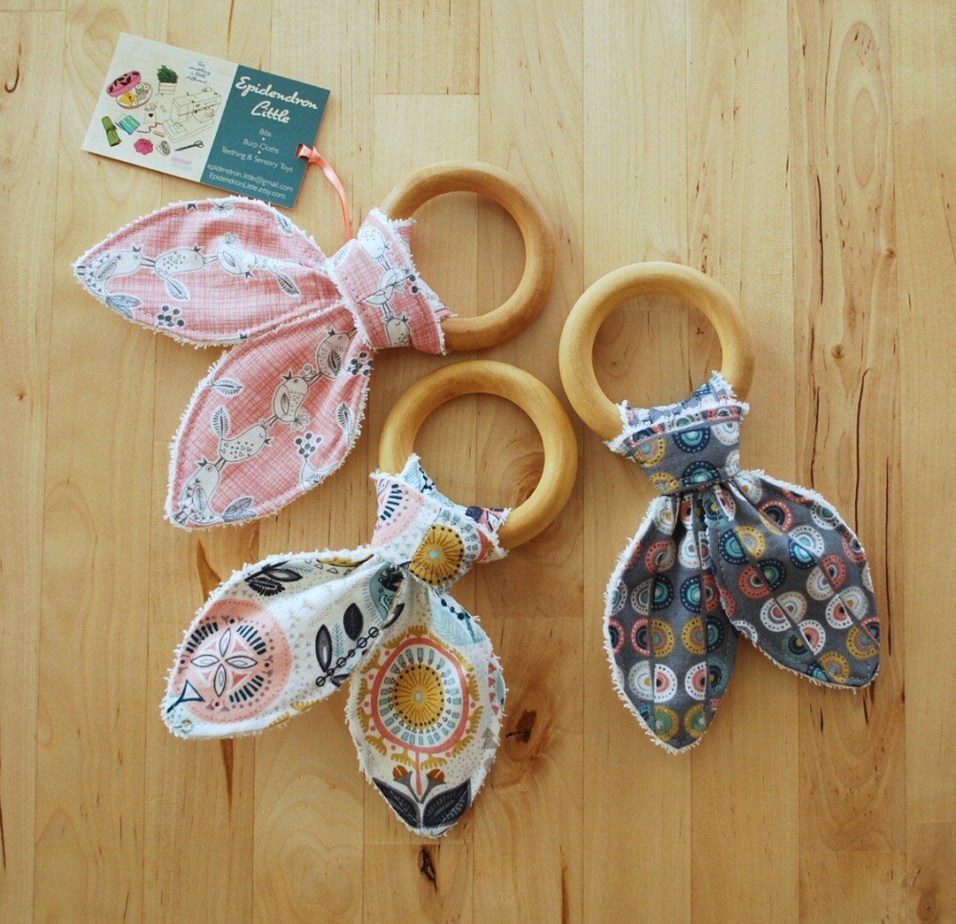 Cotton and Terry Cloth Baby Crinkle Teether With Maple Teething Ring ...