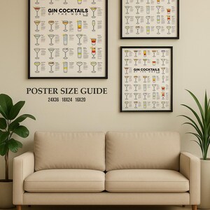 Gin Cocktails Poster, Classic Gin Drink Recipes Wall Art, Home Bar ...