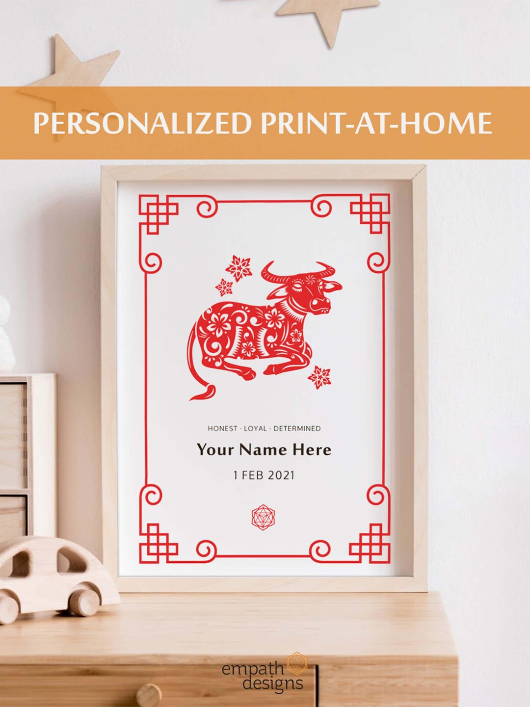 Year of the Ox Art, Personalised Name Print, Lunar New Year, Chinese ...