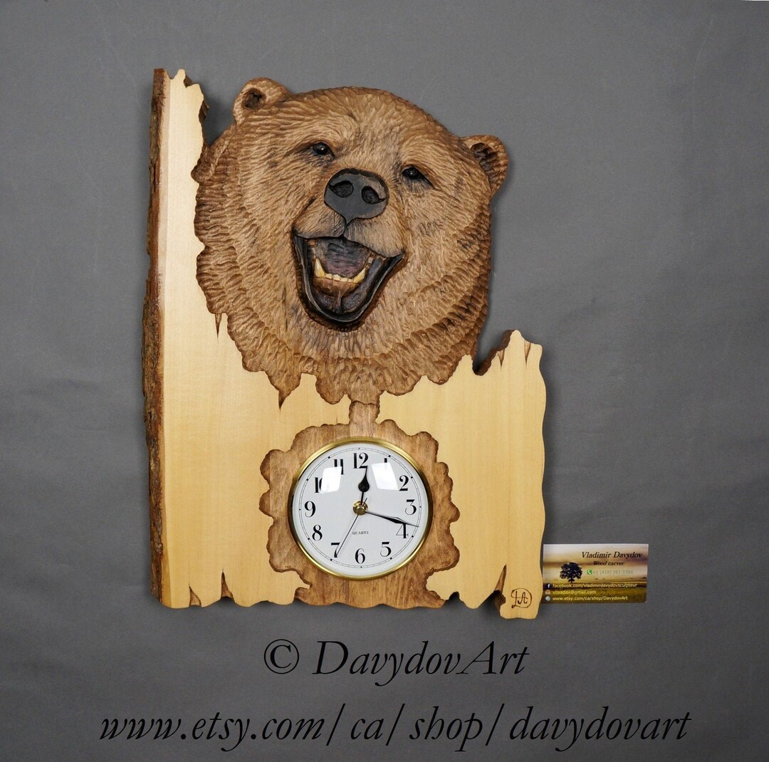Bear Hand Carved in Wood, Wall Wooden Clock With Bark, Animal Sculpture ...