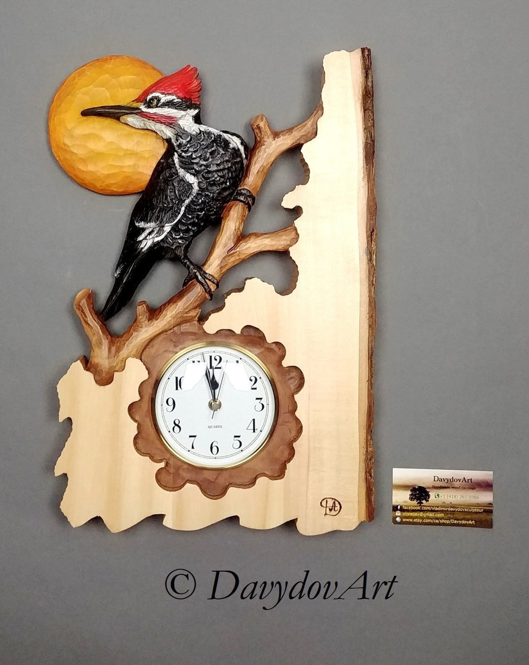 Clock With Wooden Woodpecker Carved by Hand, Special Creation Modern ...