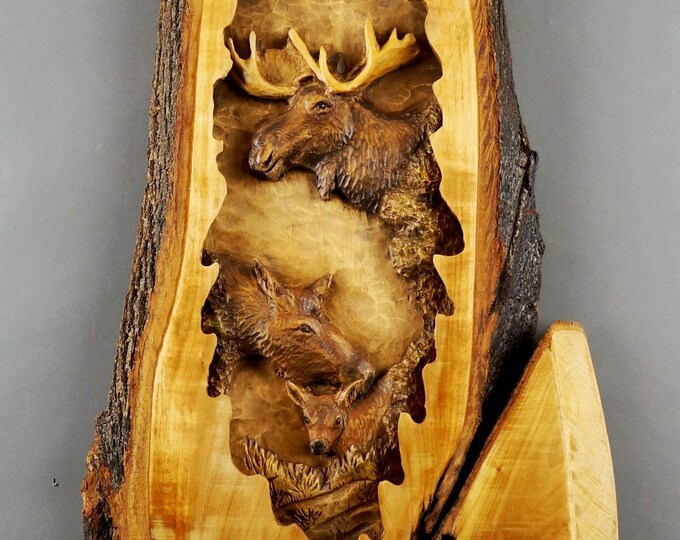 Moose Family of Wood Wood Carving With Bark Hand Made Gift - Etsy Canada