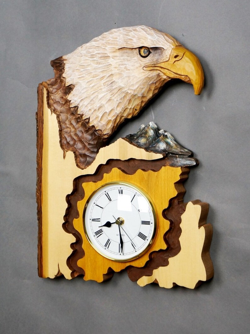 Clock With Eagle Hand Carved on Wood, Carving With Time and Bark ...