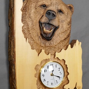 Bear Hand Carved in Wood, Wall Wooden Clock With Bark, Animal Sculpture ...