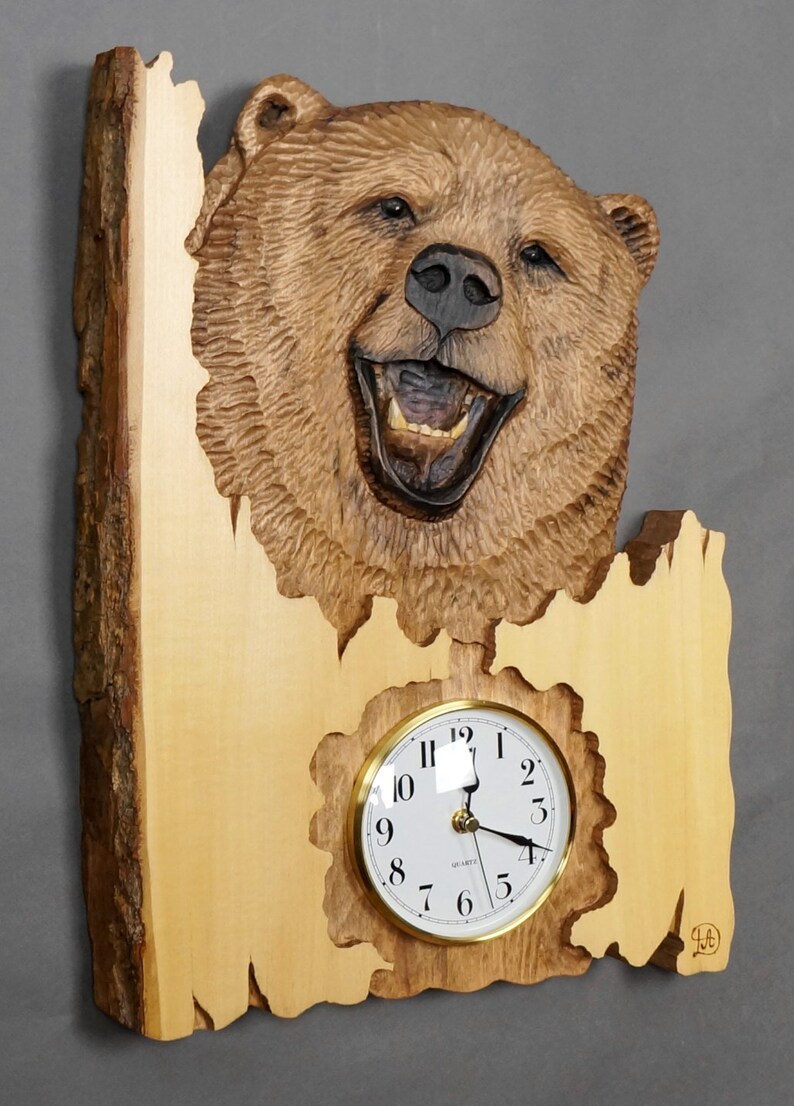 Bear Hand Carved in Wood Wall Wooden Clock With Bark Animal - Etsy