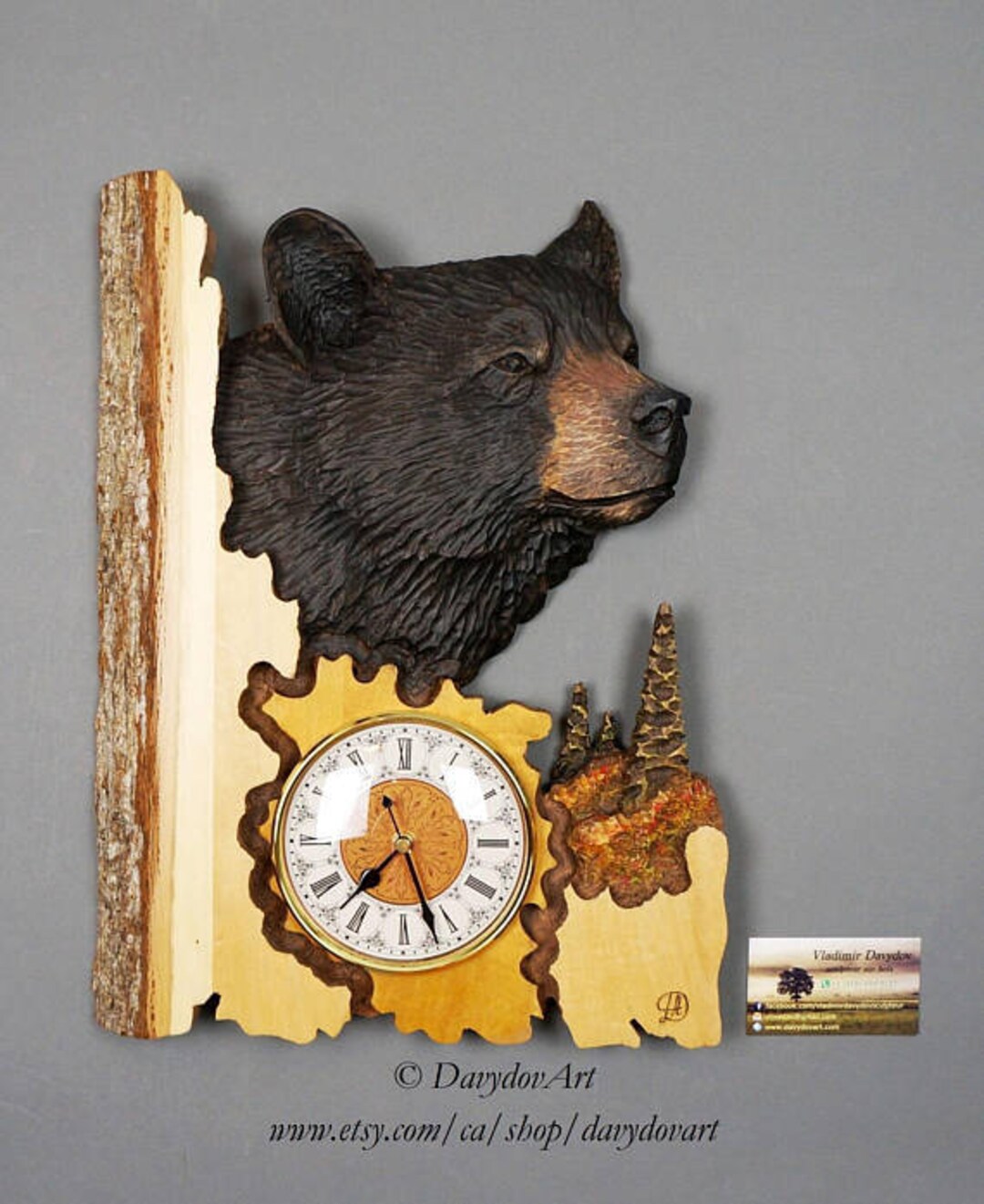 Wooden Clock Black Bear in Nature Handcarved in Tilia With Bark, Home ...