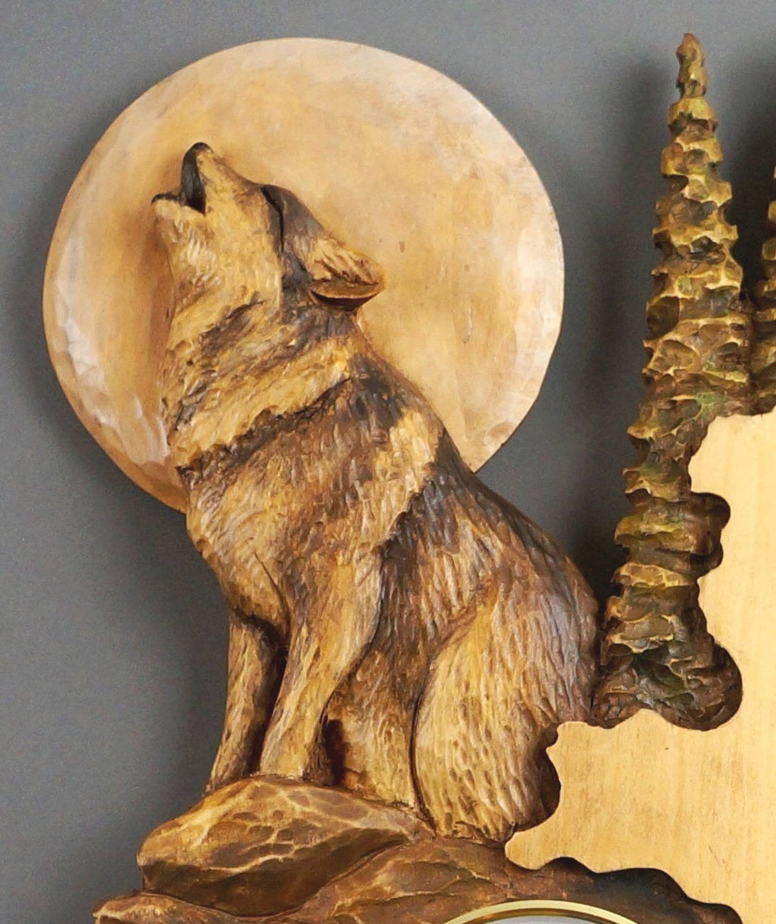 Wolf Carved on Wood,wood Carving With Bark,hand Made Gift,wall Hanging ...
