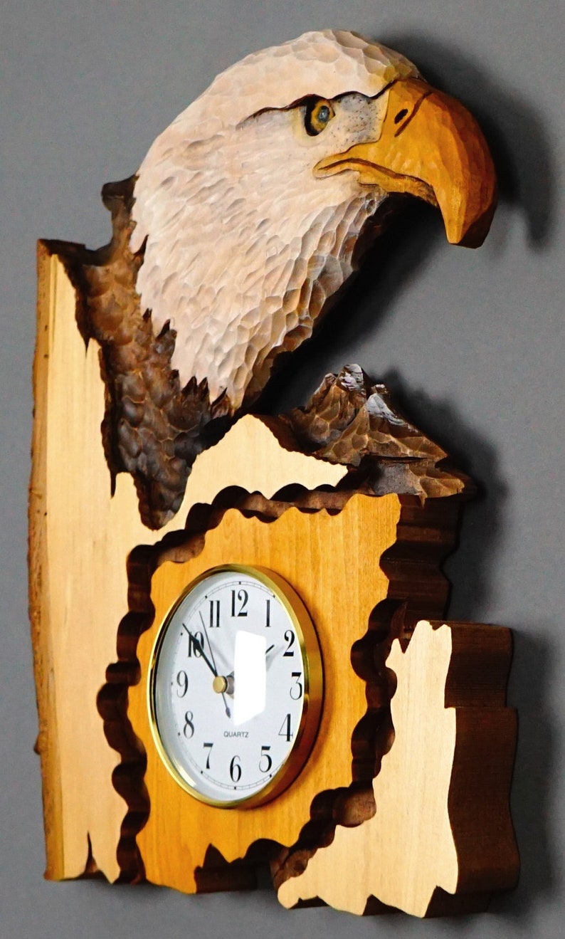 Clock With Eagle Hand Carved on Wood Carving With Time and | Etsy