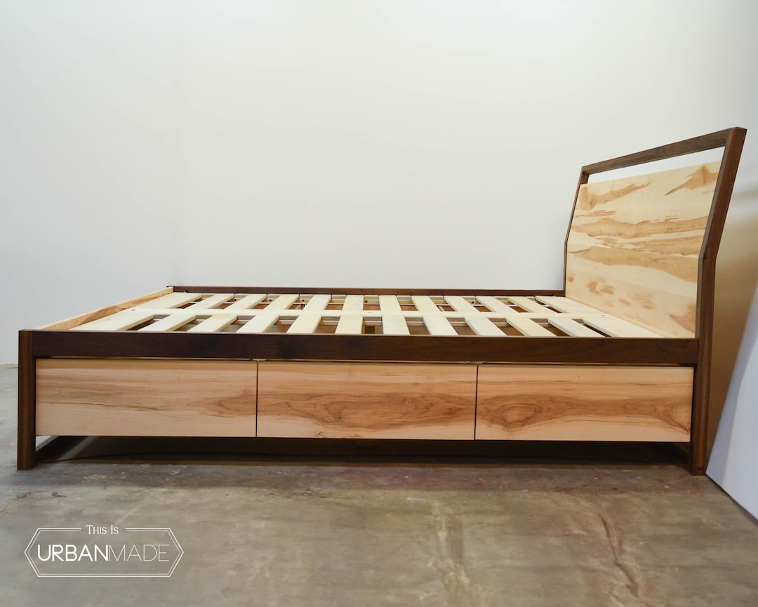 Maple & Walnut Platform Bed With Storage Drawers: Modern Wood Bed Frame ...