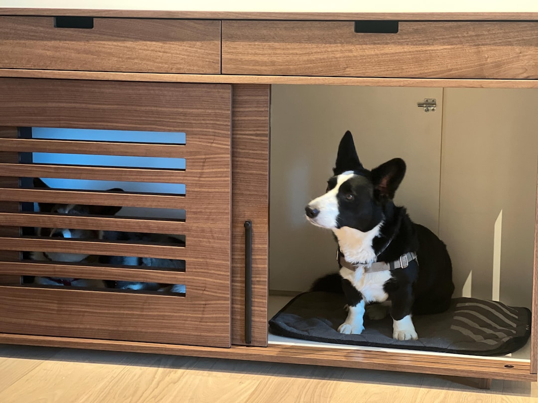 Walnut Dog Crate Furniture With Drawers: Non-toxic Wooden Kennel Side ...