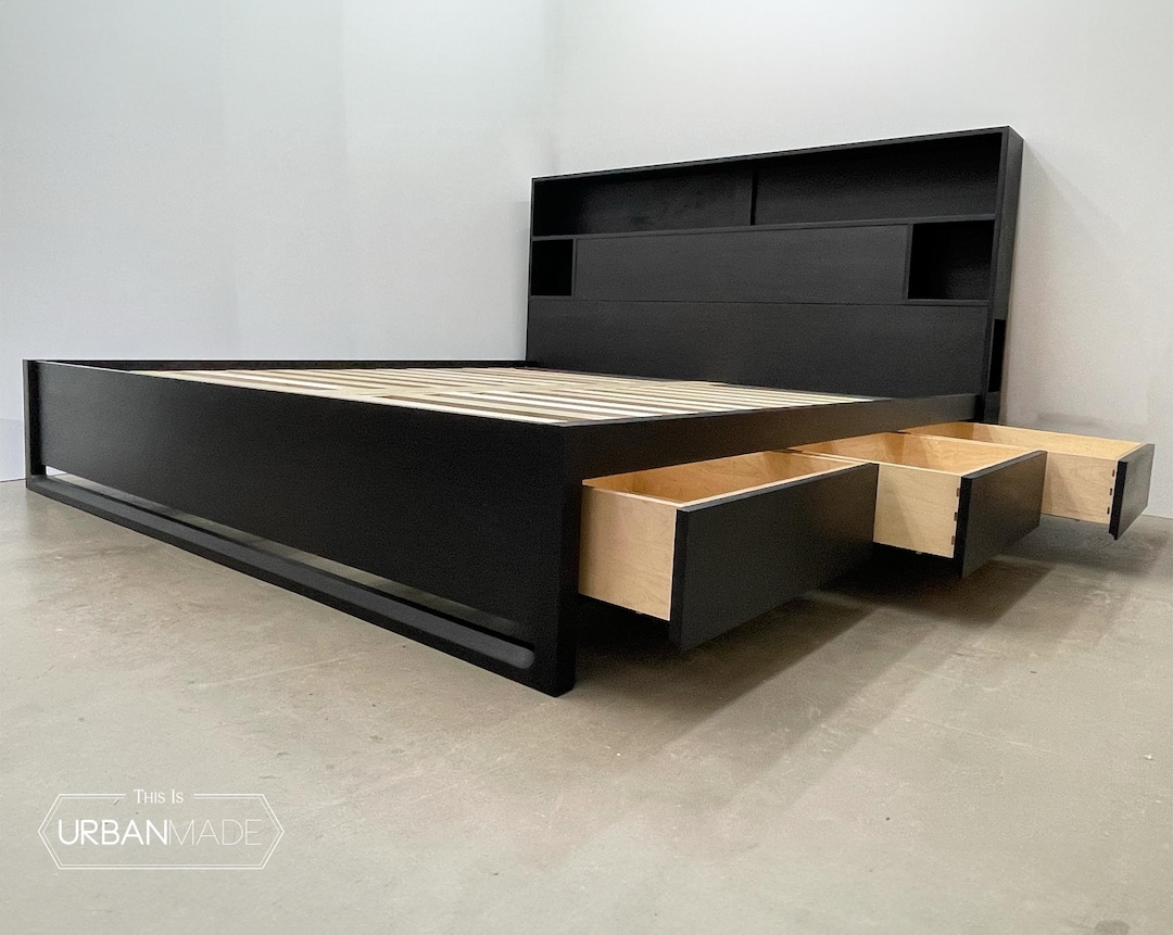 Oxidized Black Walnut Platform Bed With Storage Headboard & Drawers - Etsy