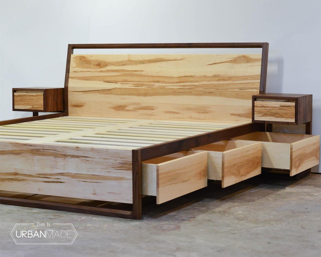 Maple & Walnut Platform Bed With Storage Drawers: Handmade Wooden Bed ...