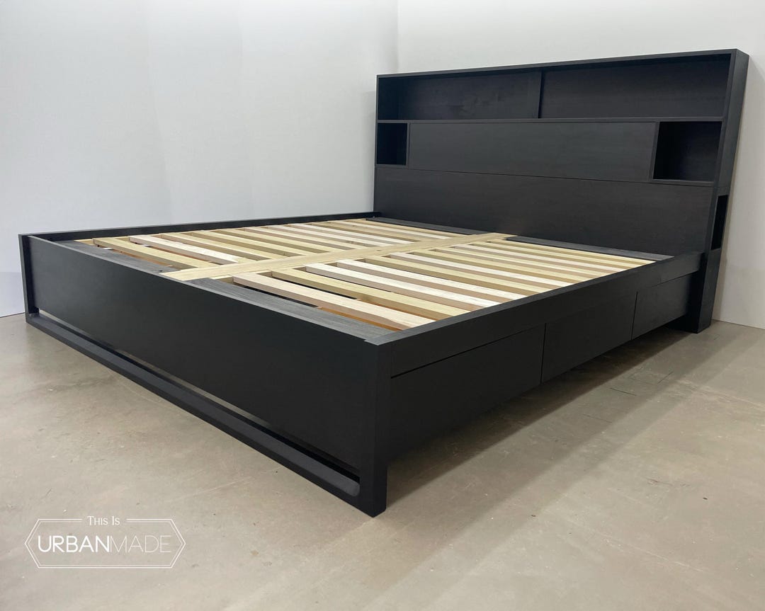 Oxidized Walnut Bed With Headboard Storage, Bed With Drawers, Queen Bed ...