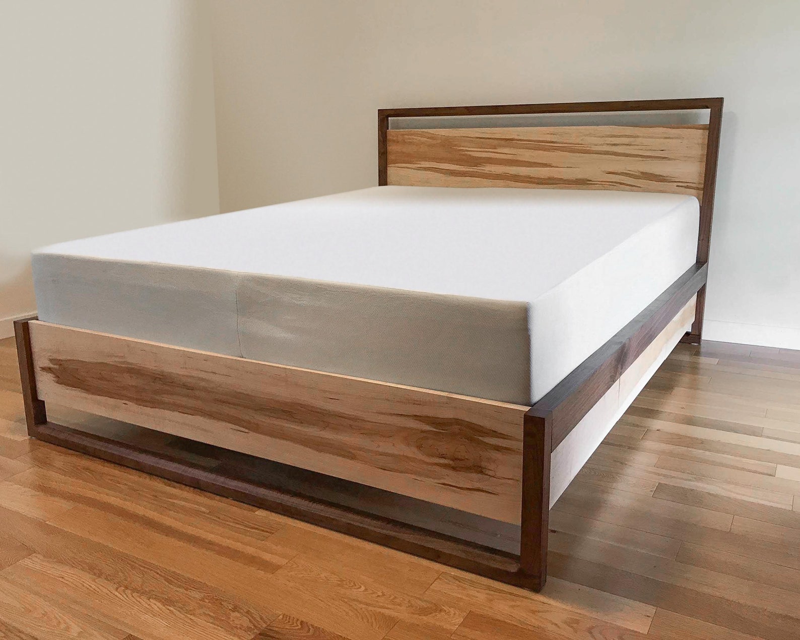 Maple & Walnut Platform Bed With Storage Slanted Headboard | Etsy