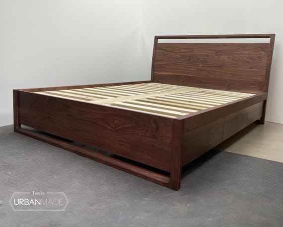 Wooden Platform Storage Bed With Drawers Non Toxic Furniture Solid Walnut Bed Frame Wood Platform Bed Frame Wooden Bedroom Set Etsy