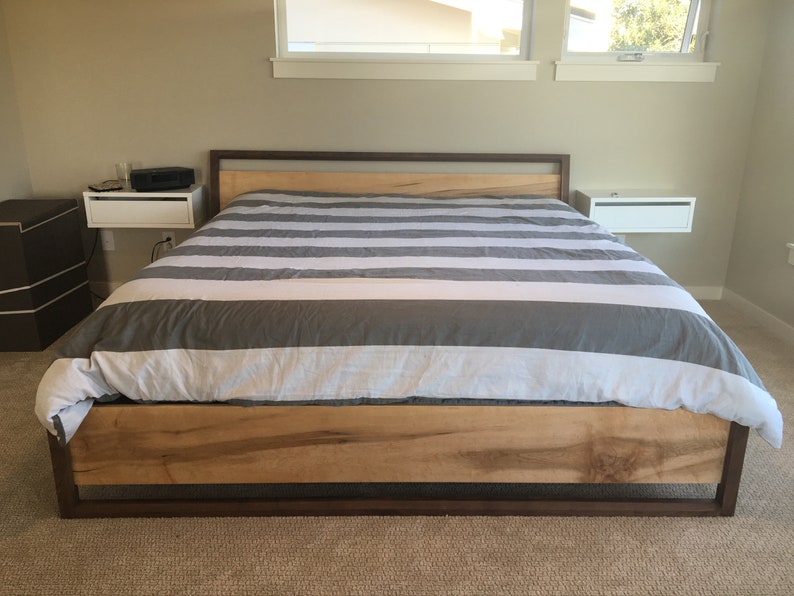 Maple & Walnut Platform Bed With Storage Slanted Headboard | Etsy