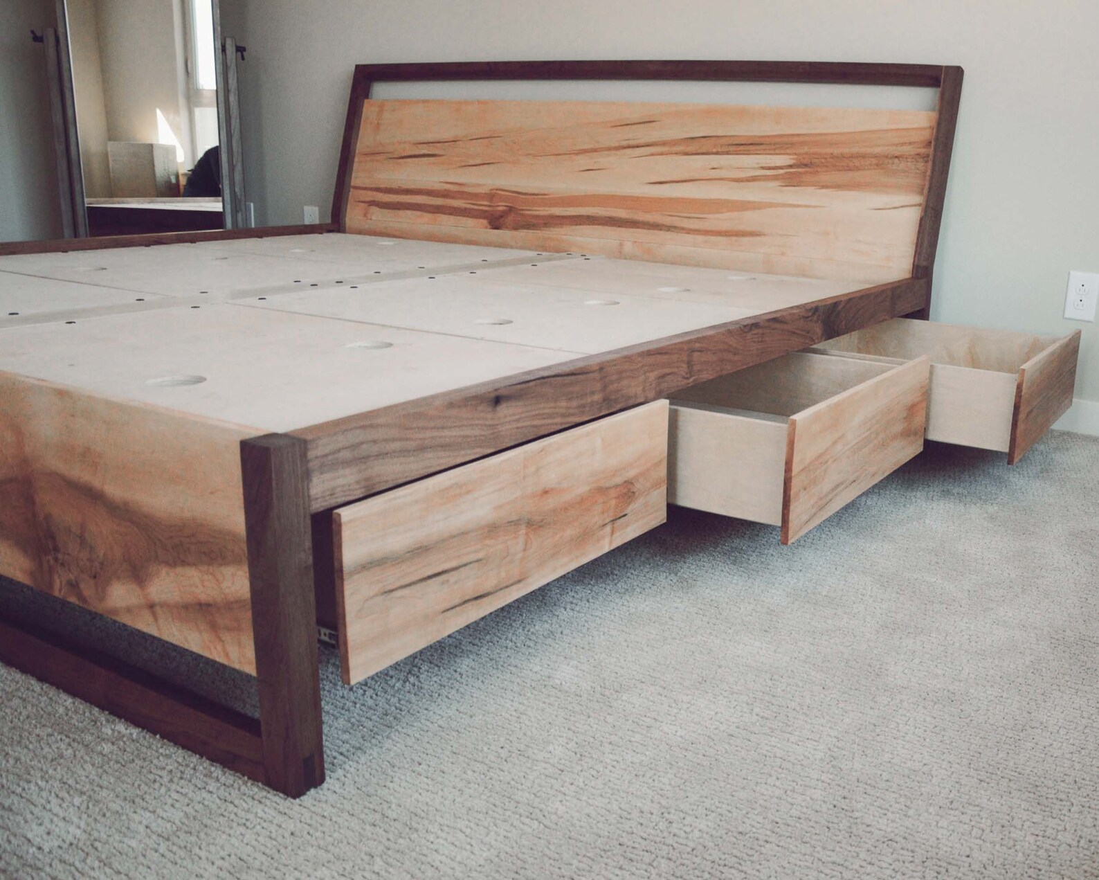 Maple & Walnut Platform Bed With Storage Slanted Headboard | Etsy