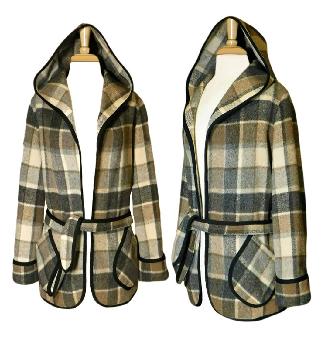 Plaid Parka Jacket- Hooded Plaid Jacket- Grey Plaid Hoodie- Belted ...