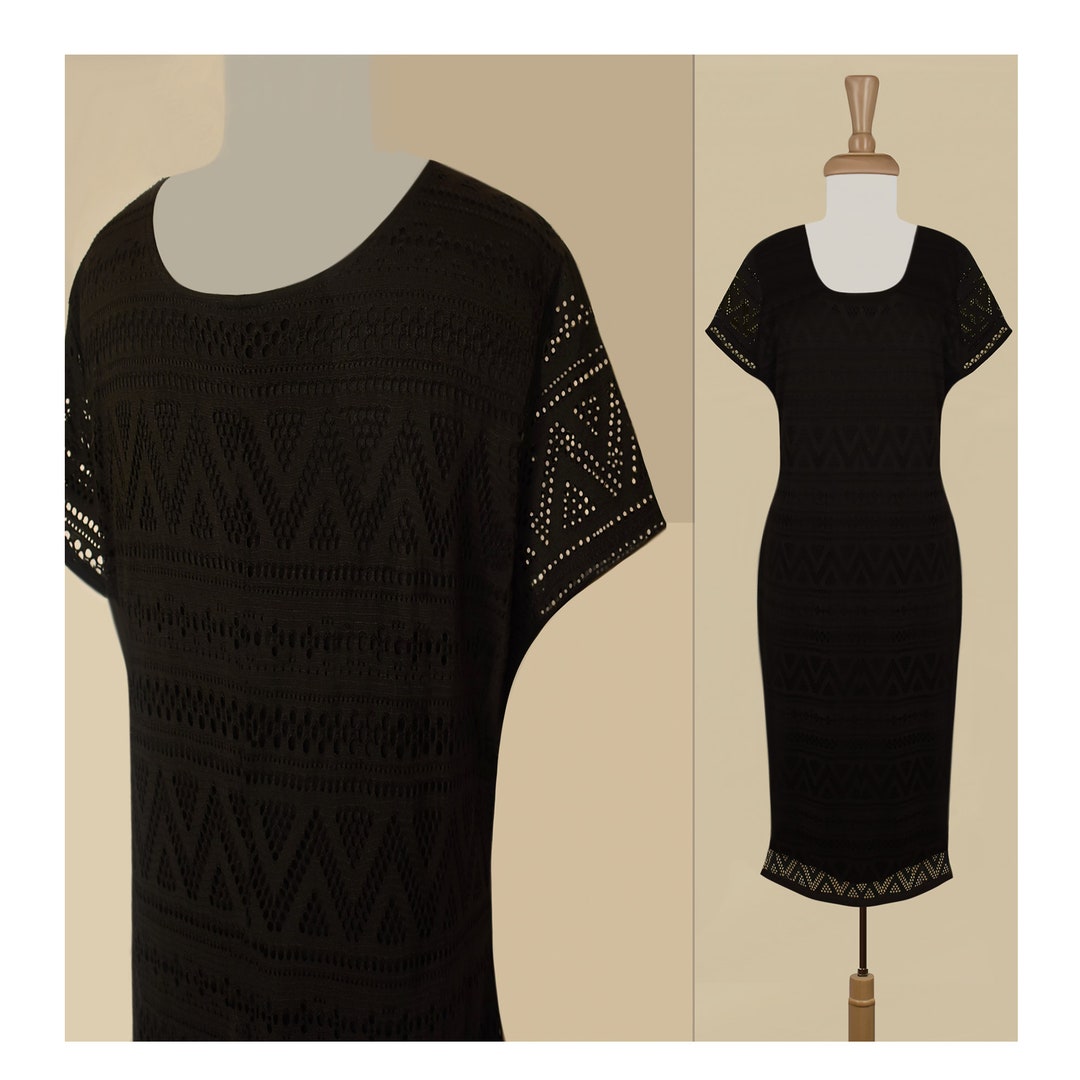 Black Eyelet Midi Dress- Black Eyelet Dress- Short Sleeve Black Midi ...