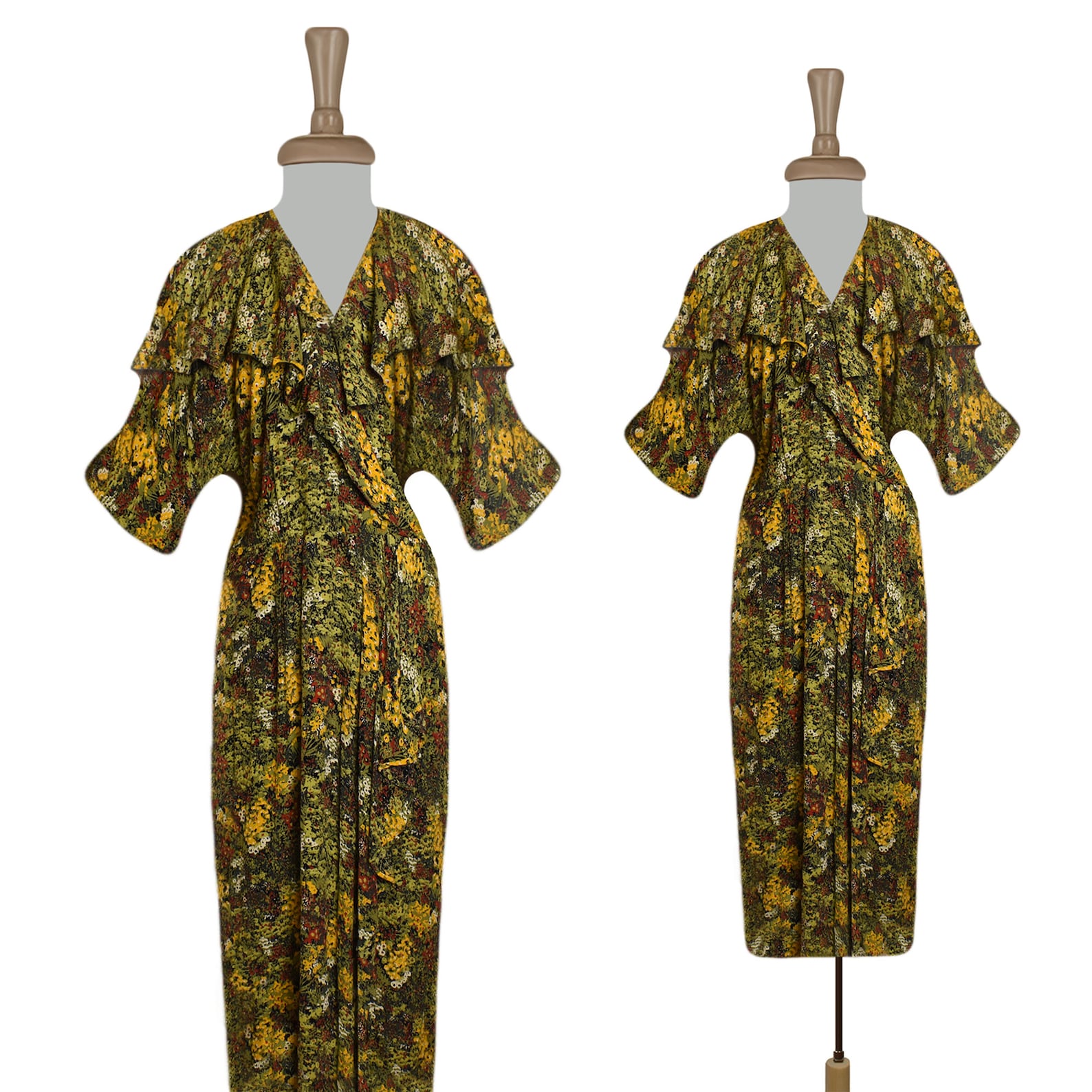 Vintage Dress- Ruffle Dress- Midi Dress- Floral Dress- Ruffle Collar ...