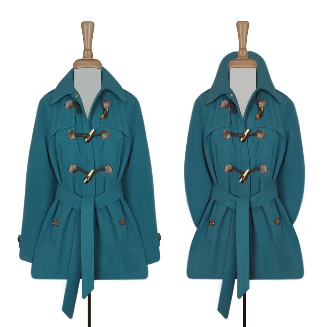 Womens Duffle Coat- Blue Belted Wool Coat- Teal Toggle Coat- Bright ...