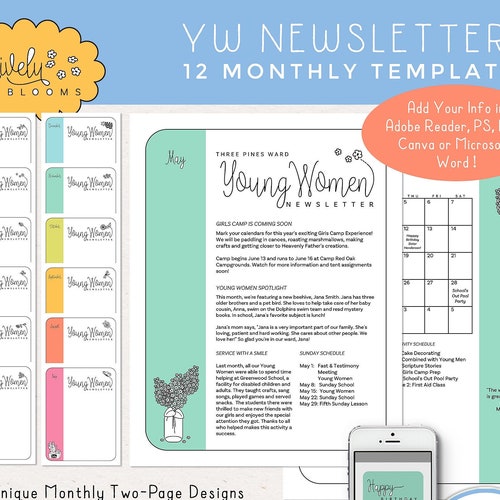 LDS Young Women Newsletter Templates 12 Months: Edit in Adobe - Etsy
