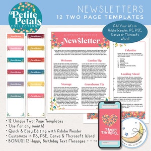 Newsletter Editable Templates 12 Months: Adobe Reader, PS, PSE, Canva ...