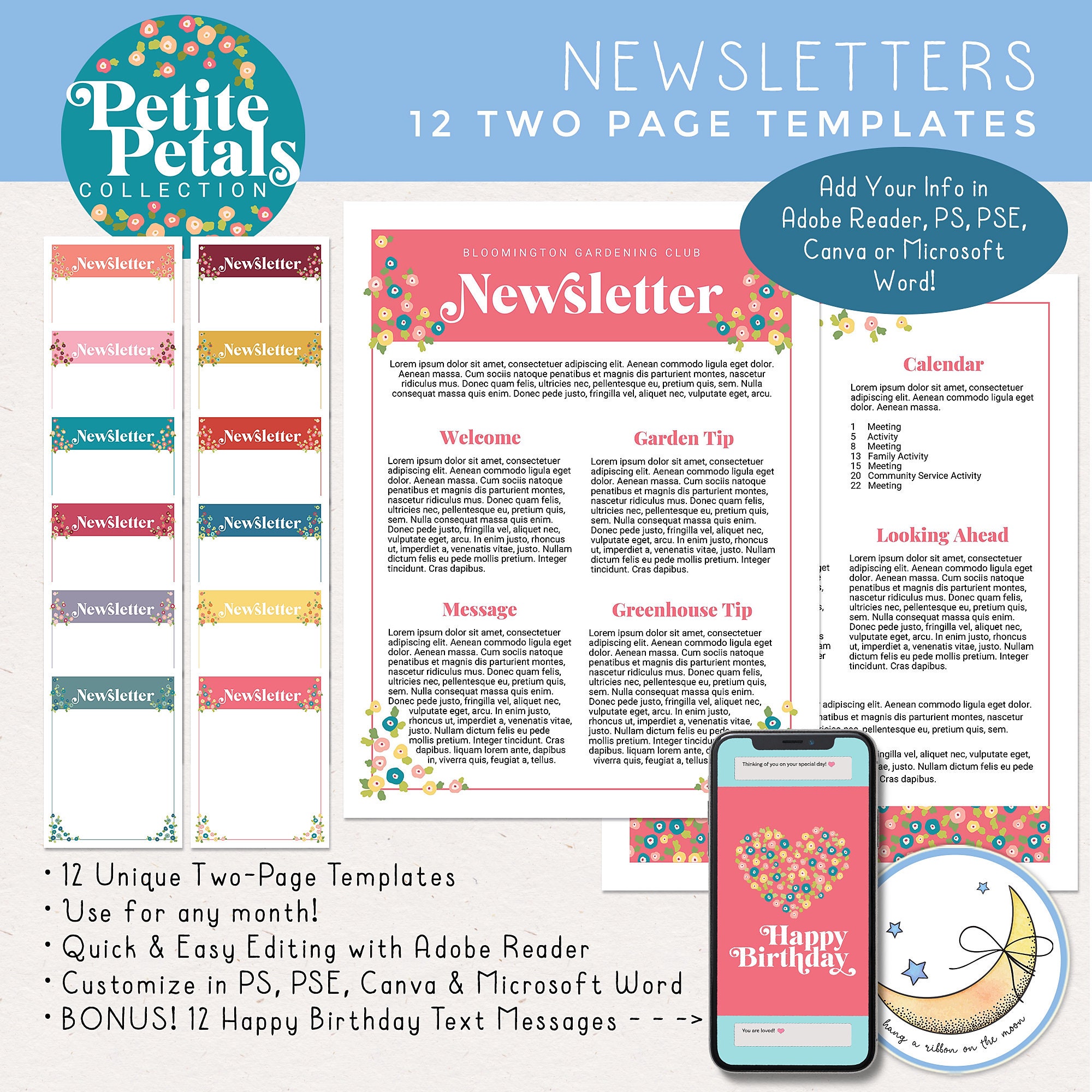 Newsletter Editable Templates 12 Months: Adobe Reader, PS, PSE, Canva ...