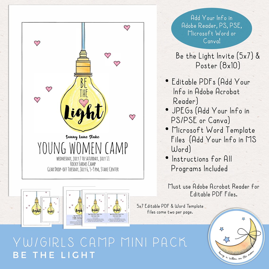 Young Women Girls Camp LDS Printables Pack, Be the Light Theme, T-shirt ...