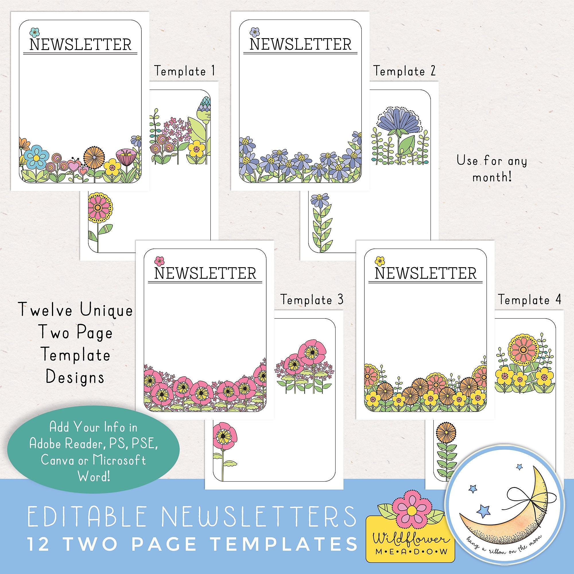 Editable Newsletter Templates, 12 Months, Two Pages, Editable Adobe ...