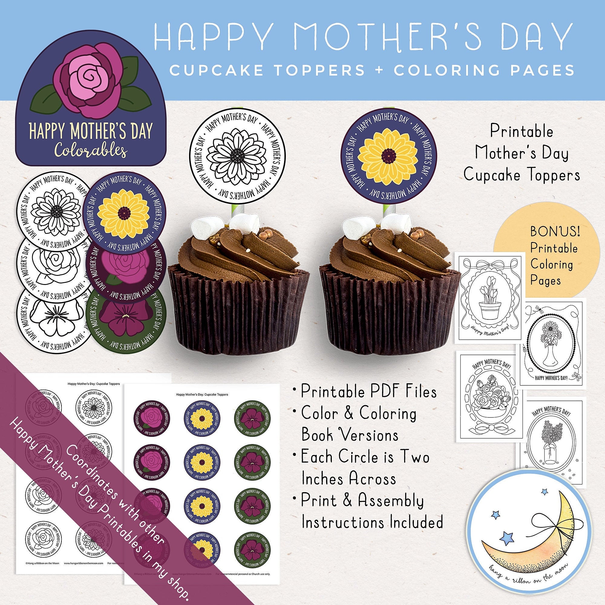 Mother's Day Cupcake Toppers, Printable PDF, Color or Coloring Book ...