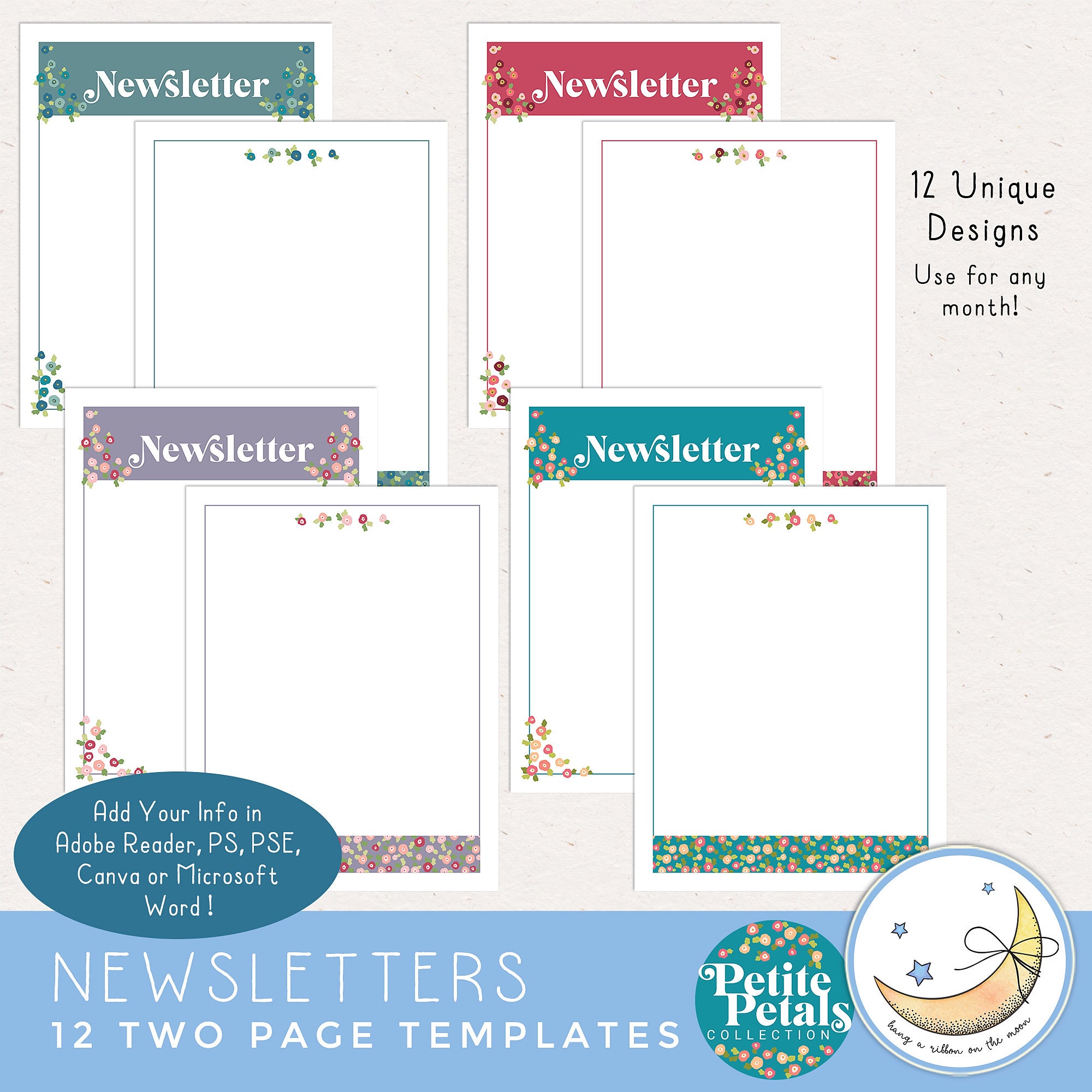Newsletter Editable Templates 12 Months: Adobe Reader, PS, PSE, Canva ...
