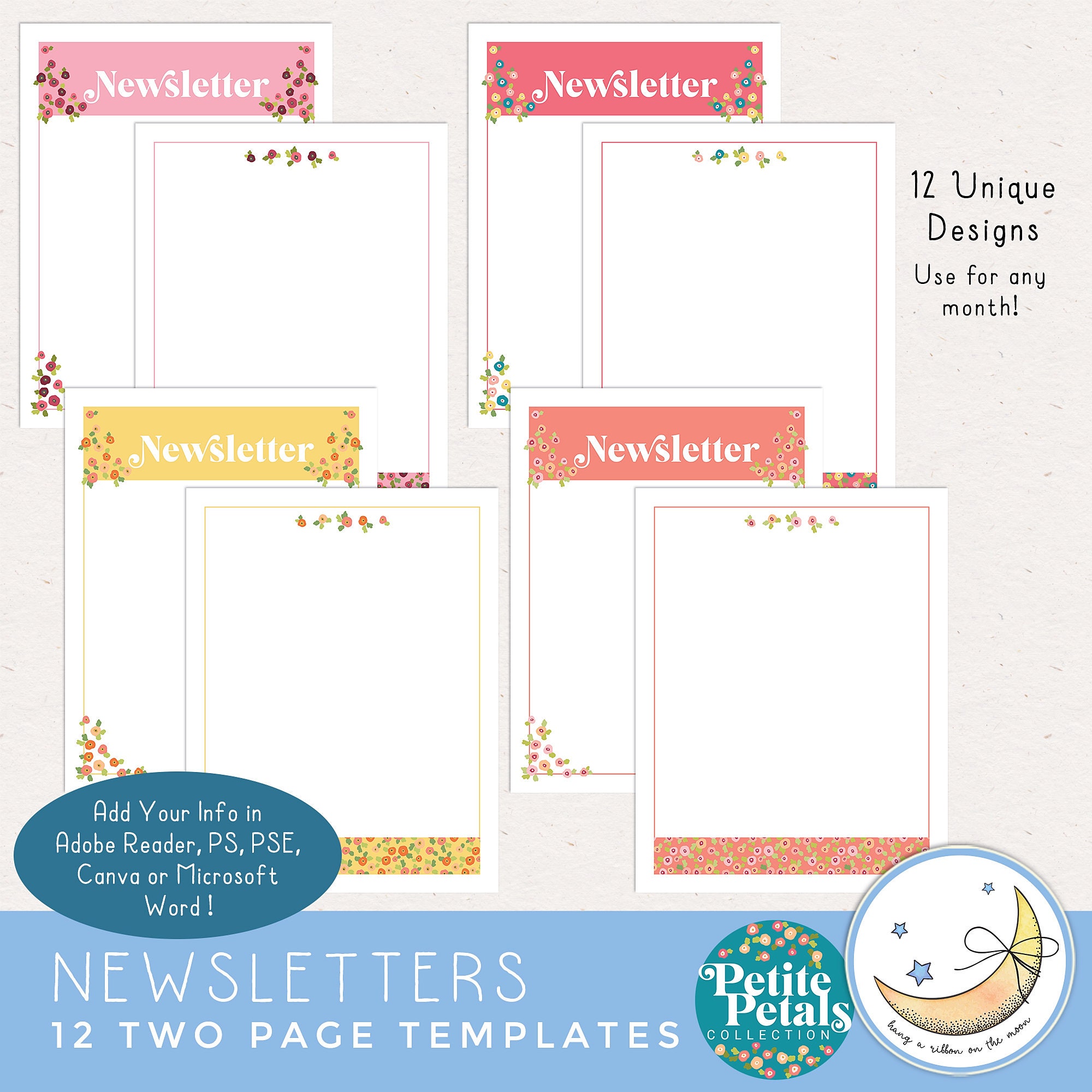 Newsletter Editable Templates 12 Months: Adobe Reader, PS, PSE, Canva ...