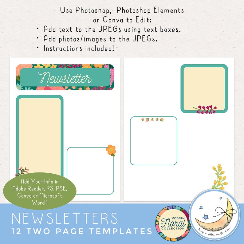 Editable Newsletter Two Page Templates: Adobe Reader, PS, PSE, Canva ...
