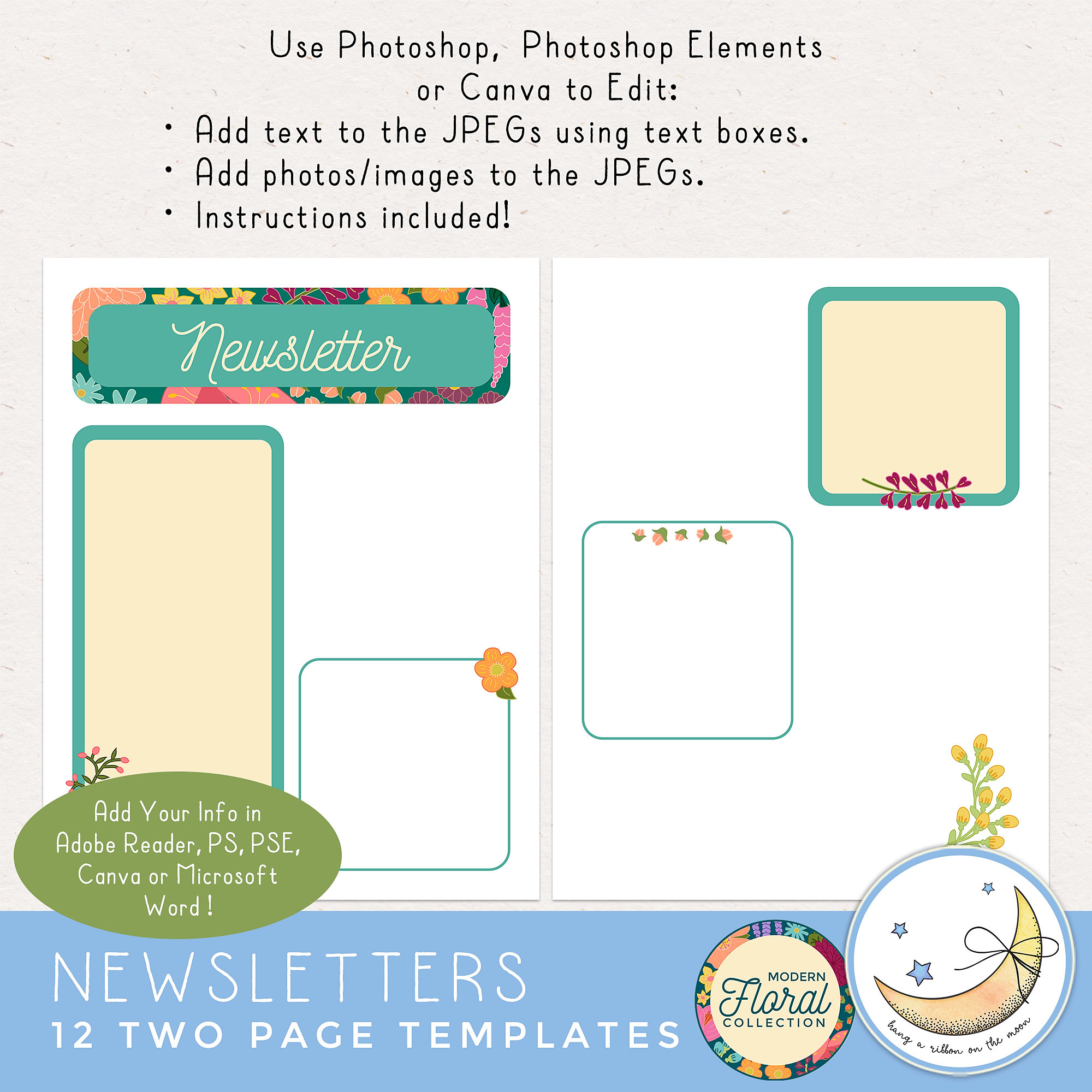 Editable Newsletter Two Page Templates: Adobe Reader, PS, PSE, Canva ...