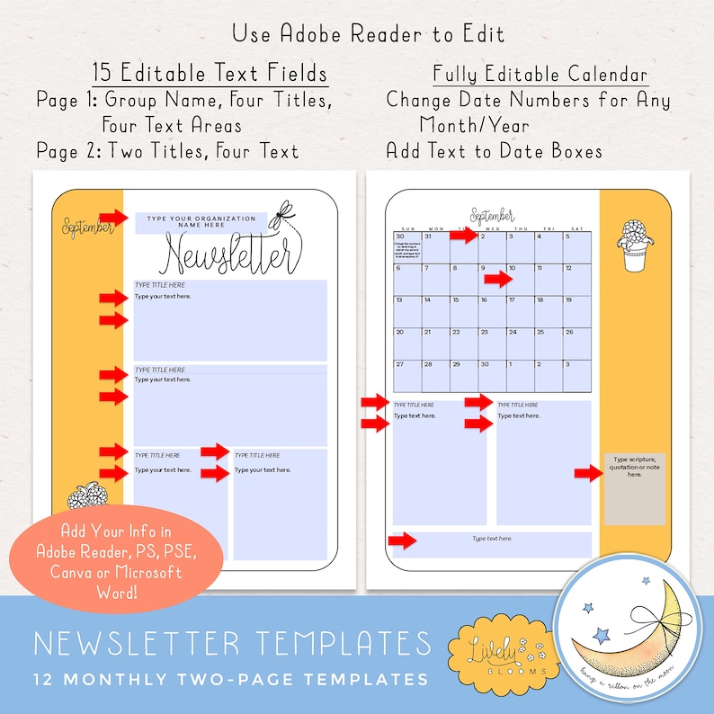 Newsletter Templates, 12 Months, Two Pages, Edit in Adobe Reader ...