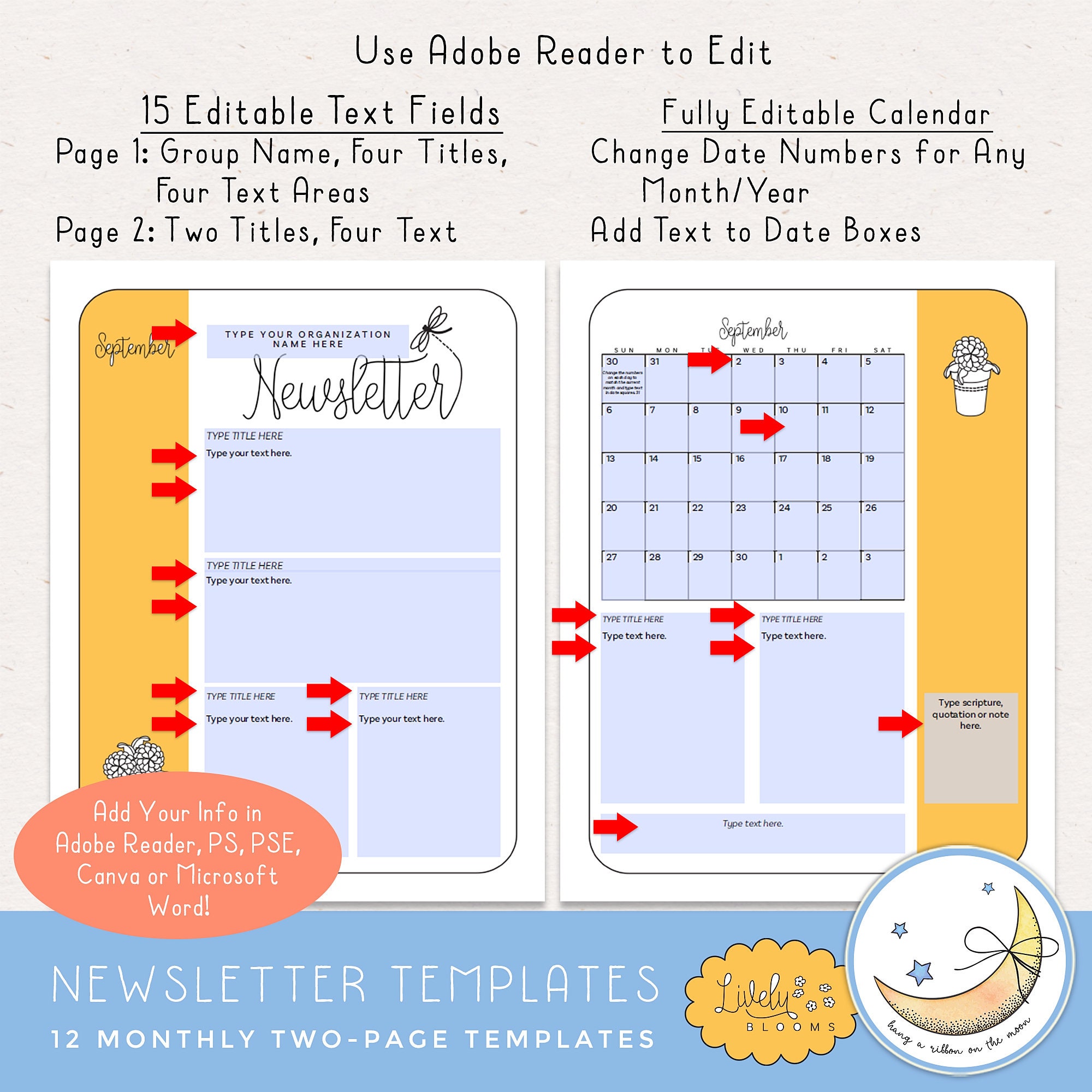 Newsletter Templates, 12 Months, Two Pages, Edit in Adobe Reader ...