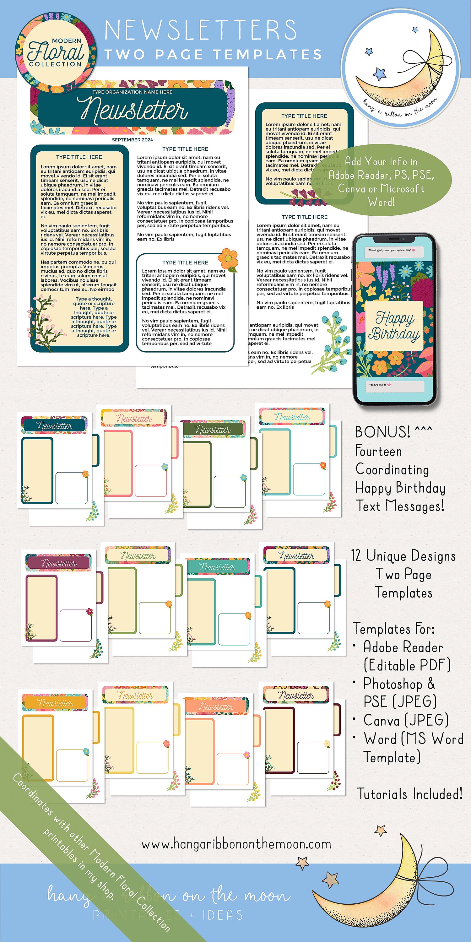 Editable Newsletter Two Page Templates: Adobe Reader, PS, PSE, Canva ...