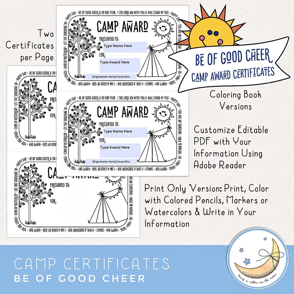 LDS Young Women Girls Camp Award Certificates, Editable Printable PDF ...