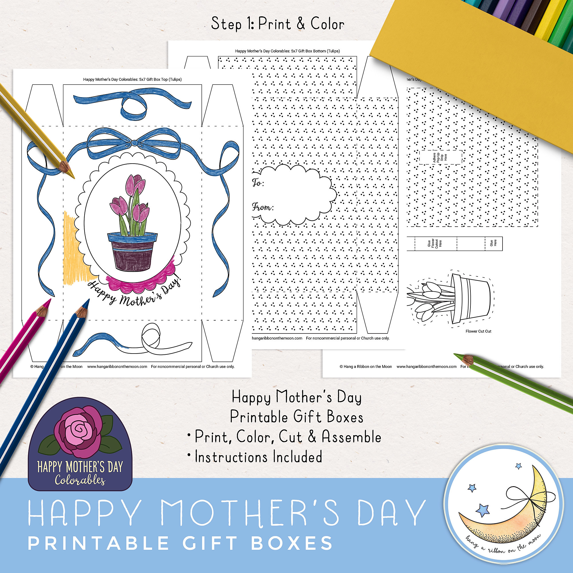 Mother's Day Printable Gift Boxes, 5x7 Inches, 3D Pop up and Solid Top ...