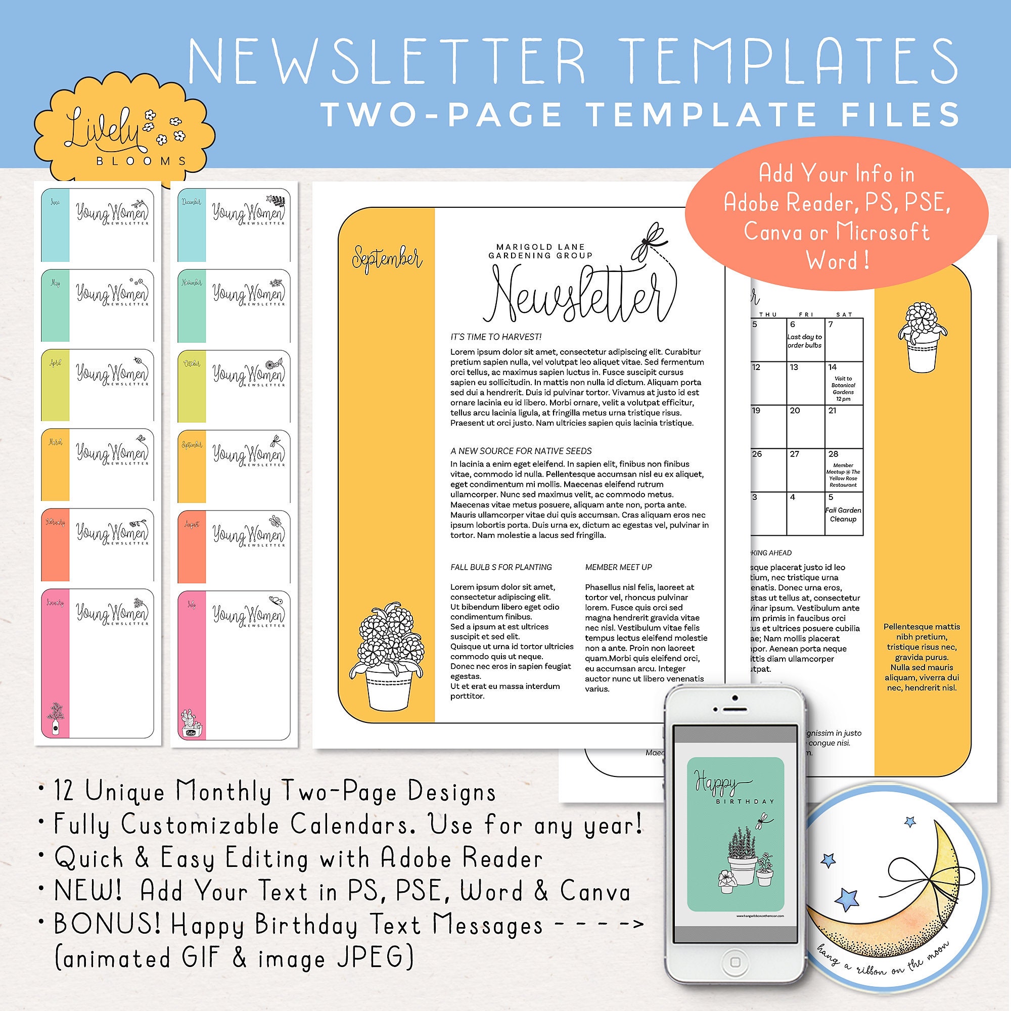 Newsletter Templates, 12 Months, Two Pages, Edit in Adobe Reader ...
