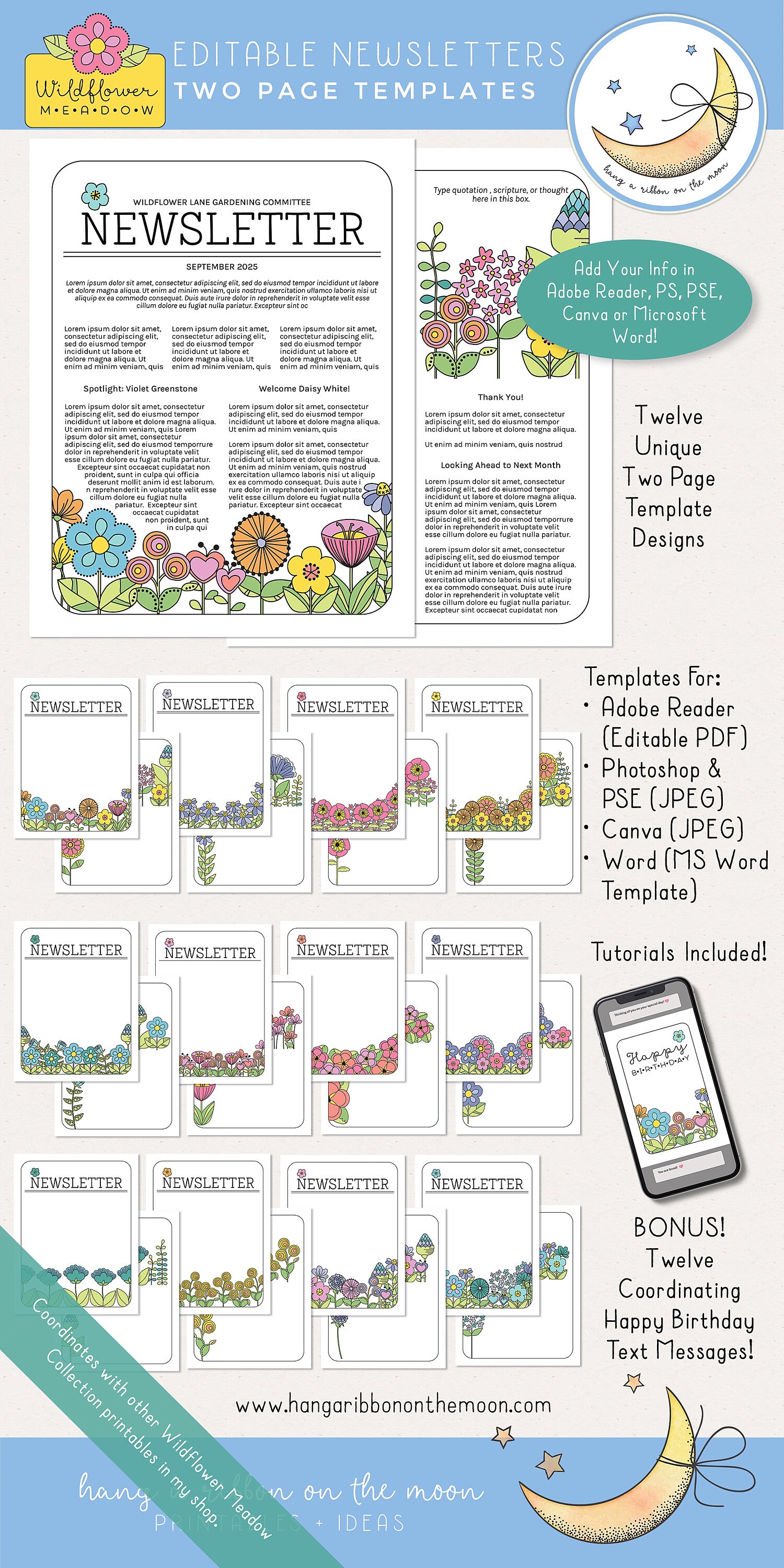 Editable Newsletter Templates, 12 Months, Two Pages, Editable Adobe ...