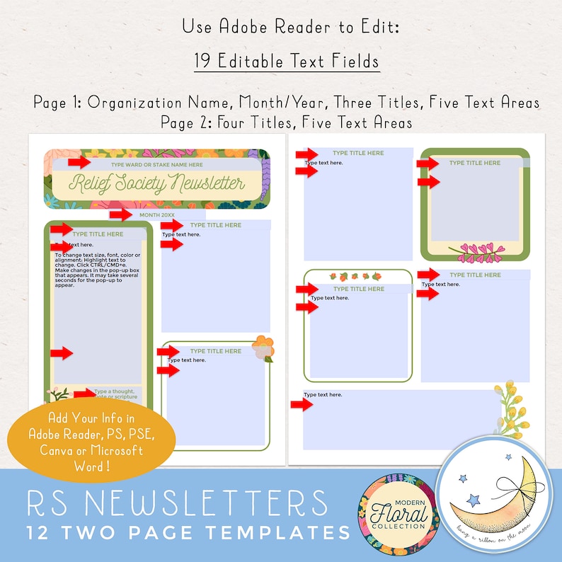 LDS Relief Society Editable Newsletter, 12 Two-page Templates: Adobe ...